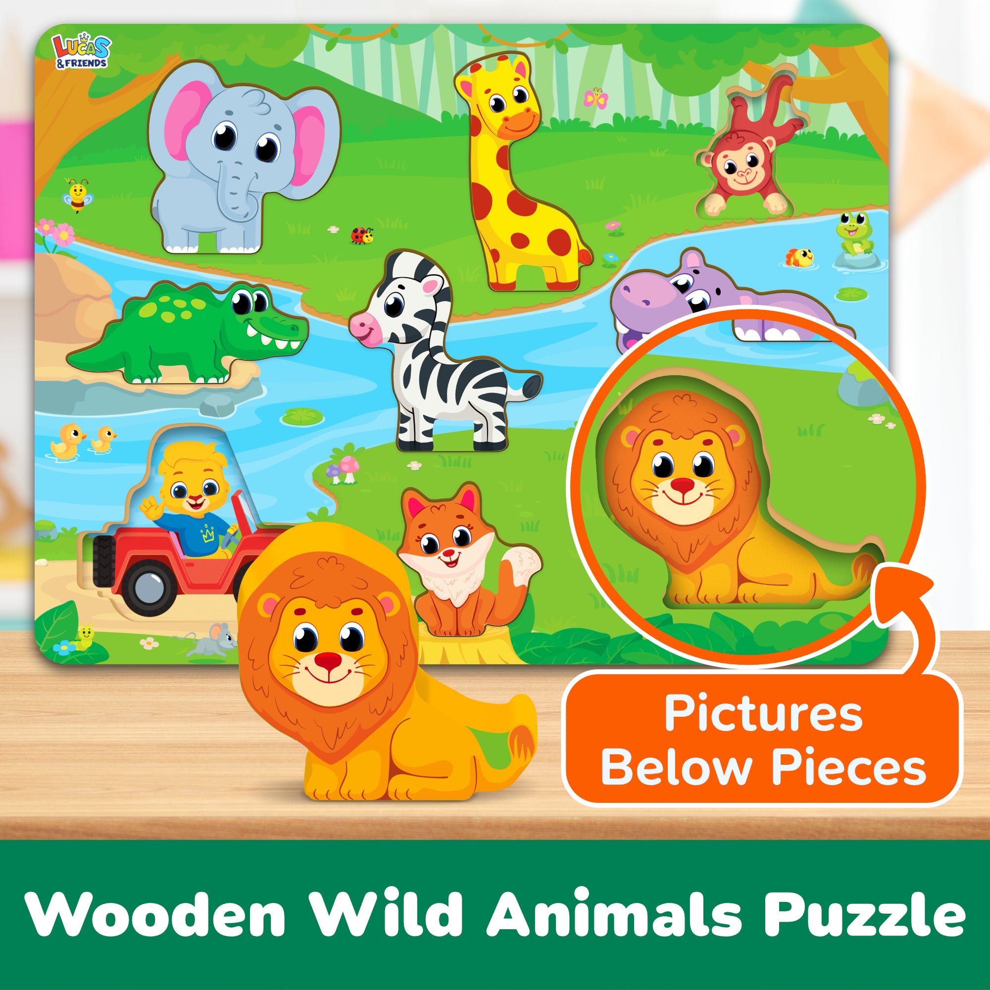 Wooden Peg Wild Animals Puzzle by Lucas & Friends | Ideal for Kids and ...