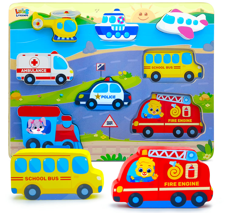Lucas & Friends Wooden Vehicle Puzzle for Toddlers | Wooden Peg Toys ...
