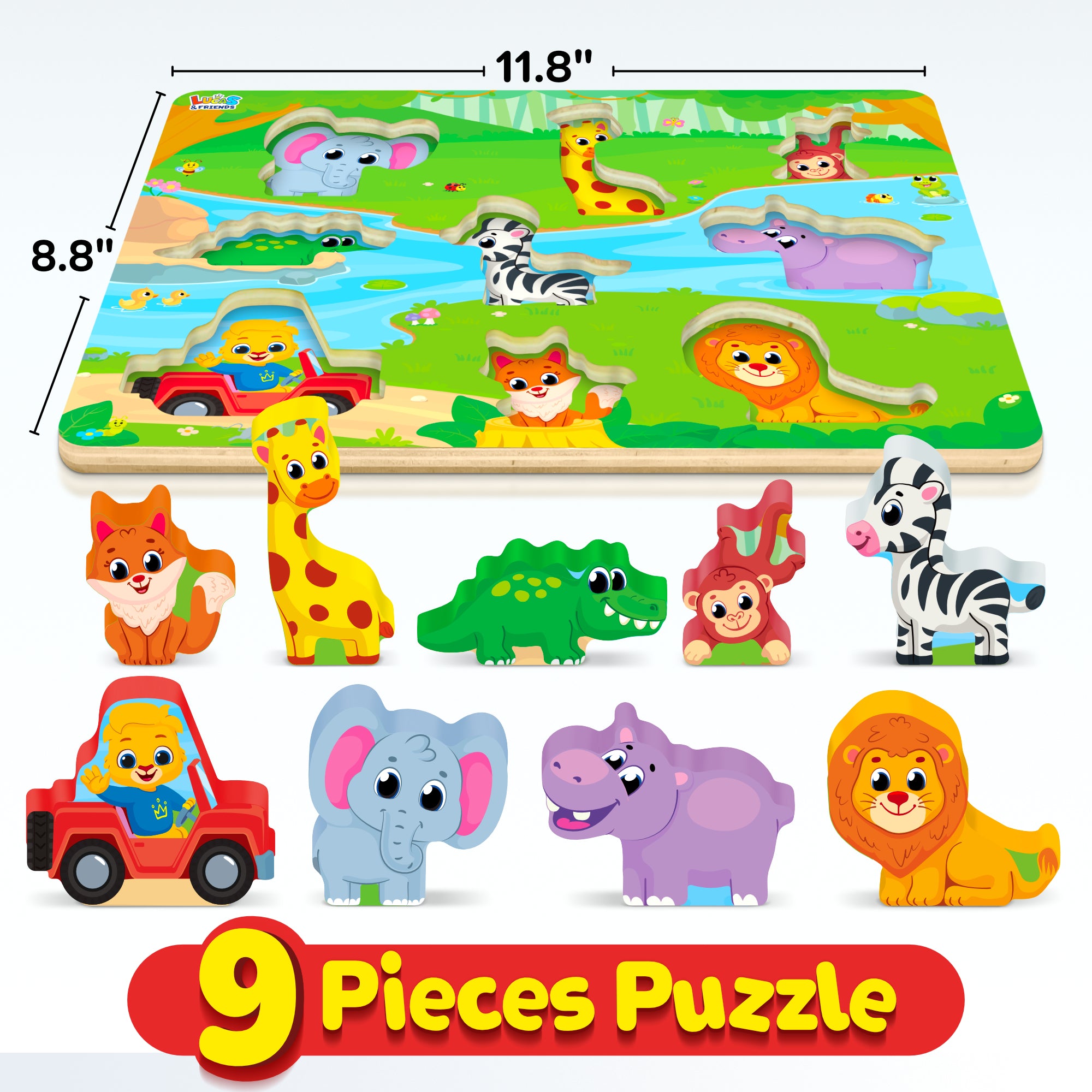Wooden Peg Wild Animals Puzzle by Lucas & Friends | Ideal for Kids and ...